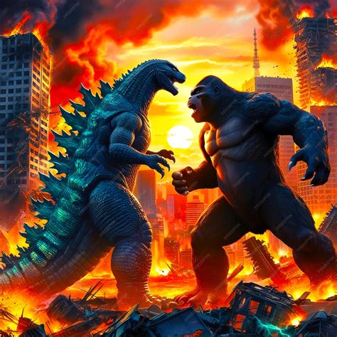 Godzilla Vs King Kong Fight Scene Premium Ai Generated Image
