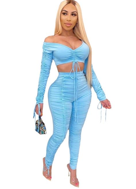 Off Shoulder Long Sleeves Pants Set Two Piece Stacked Outfit For