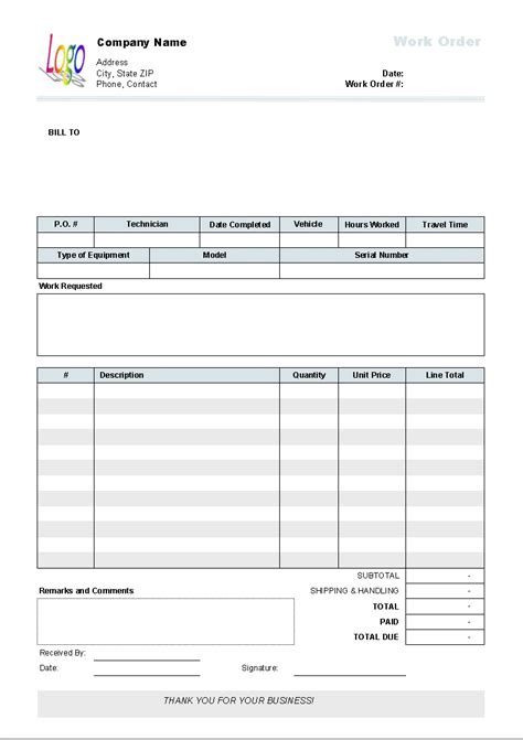 Free Printable Work Order Invoice