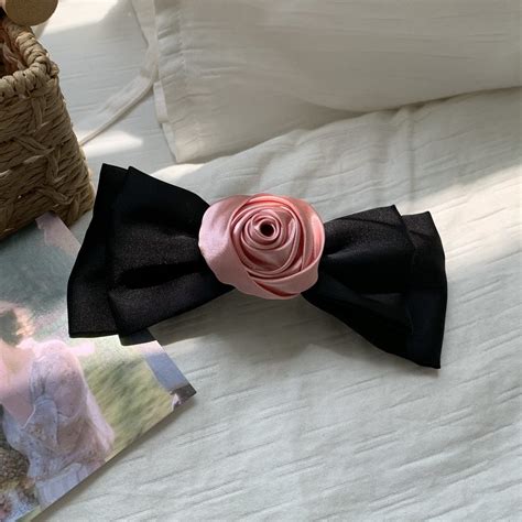 Korean Aesthetic Blackpink Coquette Dollette Satin Rose Bow Hairclip
