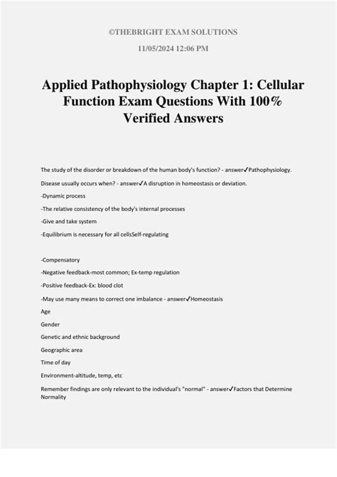 Applied Pathophysiology Chapter 1 Cellular Function Exam Questions With 100 Verified Answers