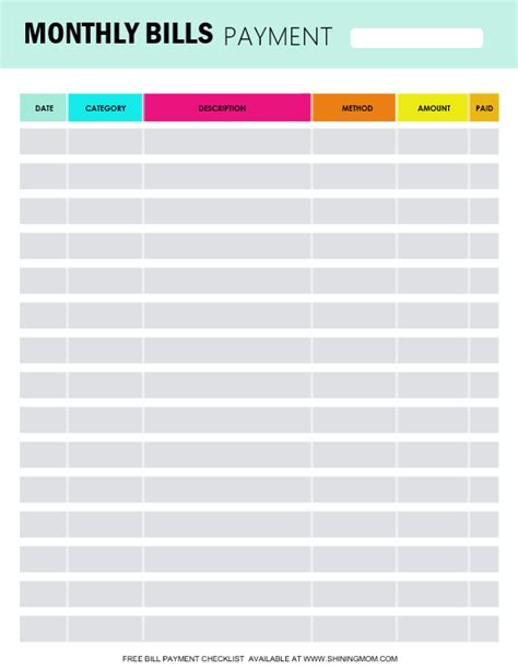 Monthly Bill Free Printable Bill Payment Checklist