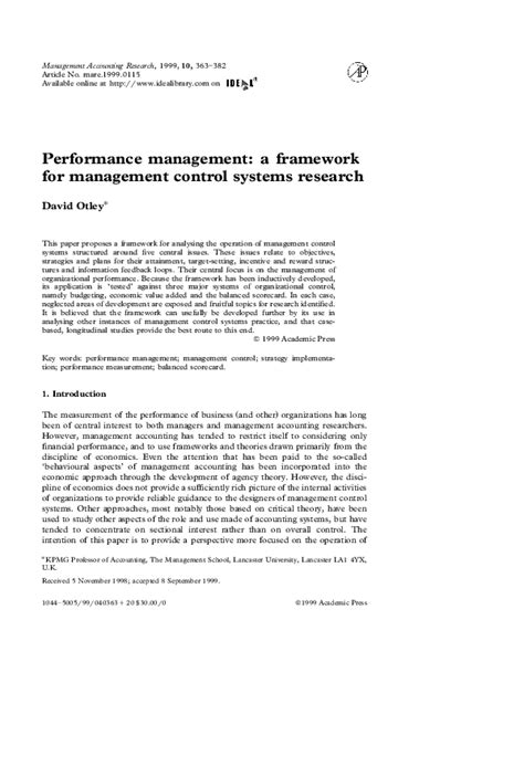 Pdf Performance Management A Framework For Management Control