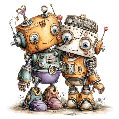 15 Png Watercolor Robot Friends Clipart Vintage Illustration