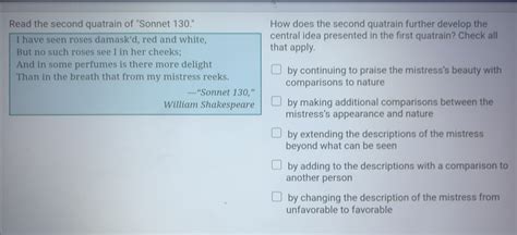 Solved Read The Second Quatrain Of Sonnet 130 How Does The Second