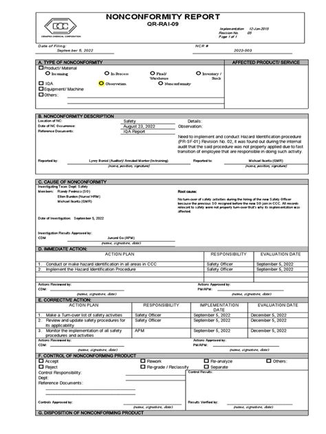 Non Conformity Report Saf Pdf Business
