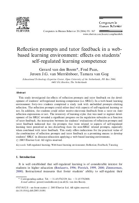 Pdf Reflection Prompts And Tutor Feedback In A Web Based Learning