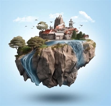 Premium Photo A Floating Island With A Small Town On It