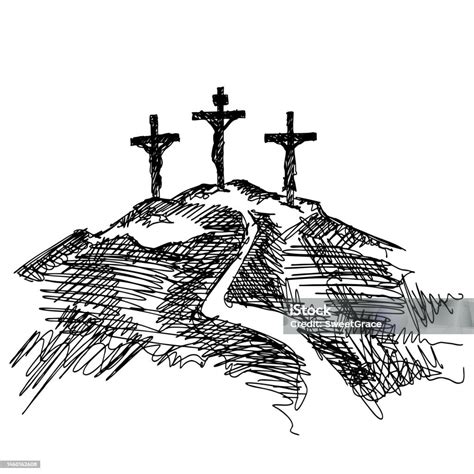 Handdrawn Vector Illustration For Easter Three Crosses On Top Of Mount
