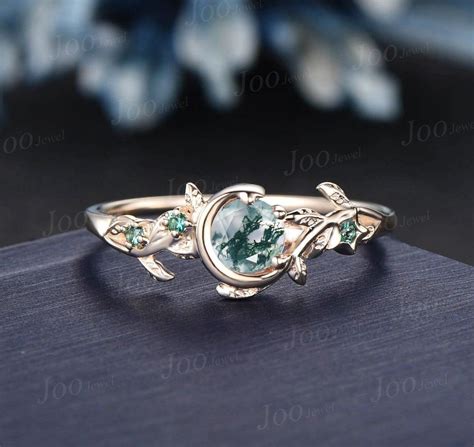 Nature Inspired Natural Moss Agate Ring Moon Star Design Vintage 1ct