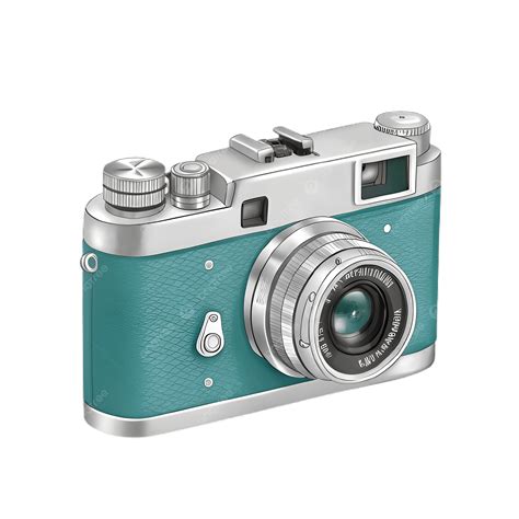 A Vintage Style Camera With Teal Colored Body And Silver Details