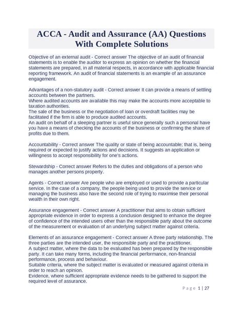 Acca Audit And Assurance Aa Questions With Complete Solutions