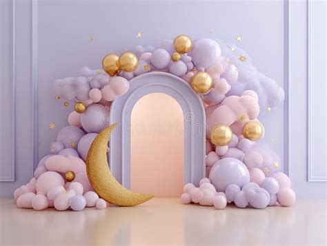 Minimalist Half Cyclorama Lavender And Gold Balloon Arch With Crescent
