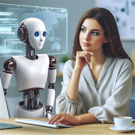 Premium Photo Ai Chatbot Robot Assistant Sitting At Desk Using