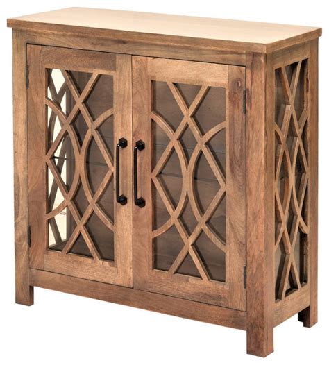 64 Slim Natural Color Rustic Curio Buffet With Trellis Glass Doors And