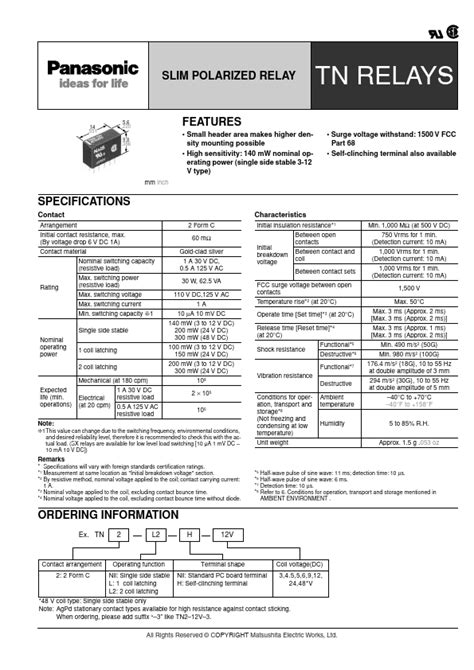 Tn2 45v Datasheet Slim Polarized Relay Distributor And Price Panasonic