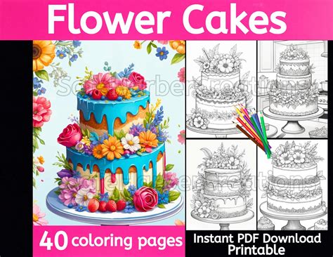 Flower Cakes Coloring Pages 40 Pictures Instant Download Printable