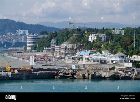 Russia Sochi Seaside Port And Crowded Beach Area Along The Black Sea