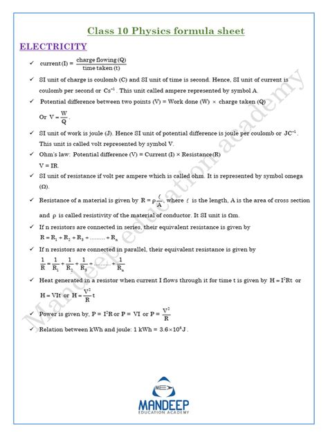 Class 10 Physics Formula Sheet Download Free Pdf Electrical