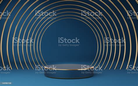 파란색 배경에 금색 테두리와 금색 원이 있는 빈 파란색 실린더 연단 추상 최소 스튜디오 3d 기하학적 모양 개체입니다 제품 디자인을 전시할 수 있는 모형 공간 3d 렌더링