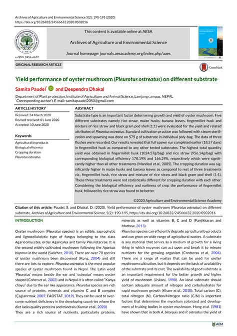Pdf Yield Performance Of Oyster Mushroom Pleurotus Ostreatus On