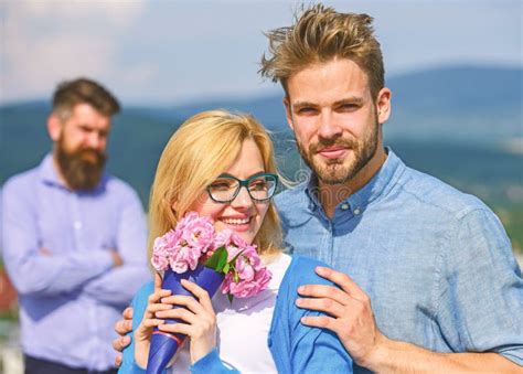 Couple In Love Dating While Jealous Bearded Man Watching Wife Cheating