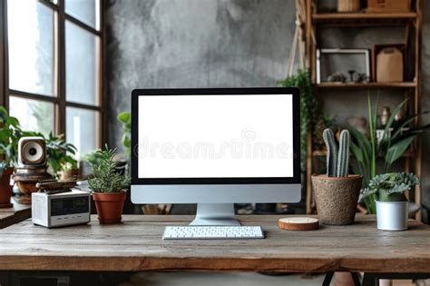 Modern Workspace Mockup With Blank Screen Computer Generative Ai Stock