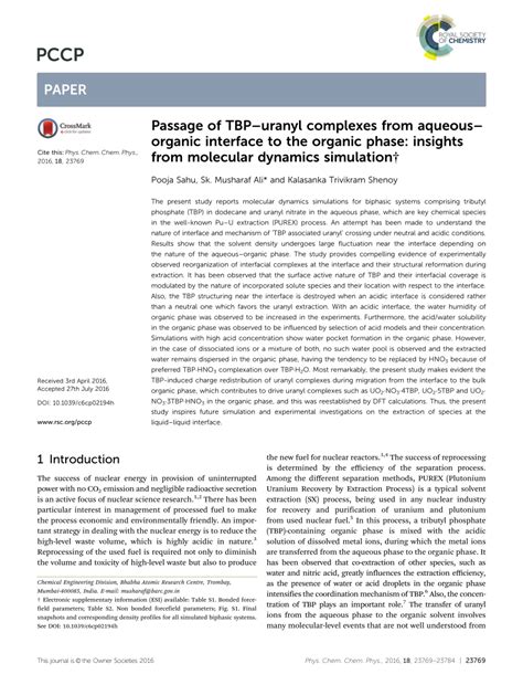Pdf Tbp Assisted Uranyl Extraction In Water Dodecane Biphasic System
