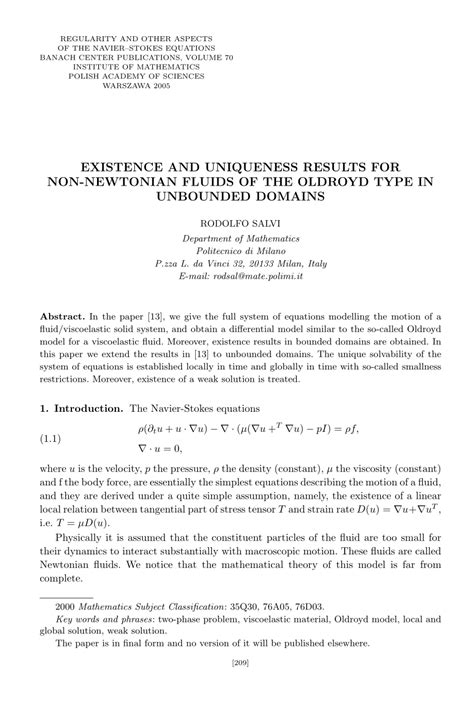 Pdf Existence And Uniqueness Results For Non Newtonian Fluids Of The Oldroyd Type In Unbounded