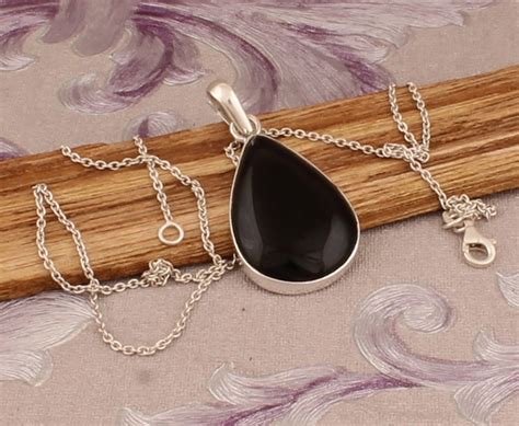 925 Sterling Silver Natural Black Onyx Pendant Necklace Black Etsy