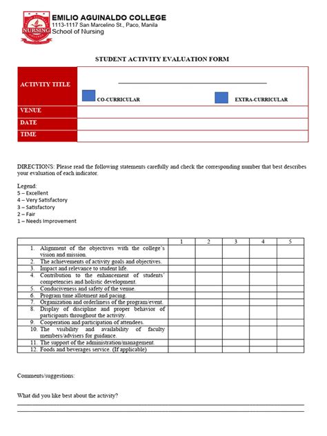Student Activity Evaluation Form Pdf Health Care