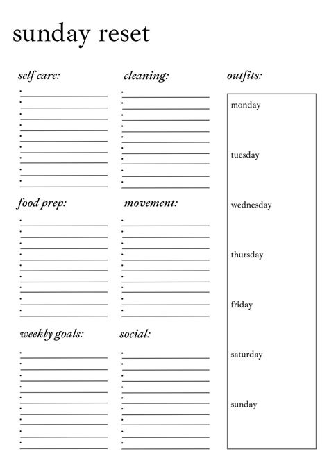 Sunday Reset Weekly Reset Outfit Planner Self Care List Weekly