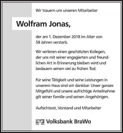 Traueranzeigen Von Wolfram Jonas Trauer Anzeigen De