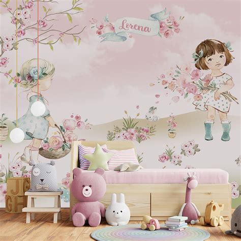 Papel De Parede Quarto Bebê Infantil Meninas Colhendo Flores
