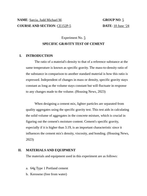 Experiment 5 Specific Gravity Test Of Cement Pdf Cement Density