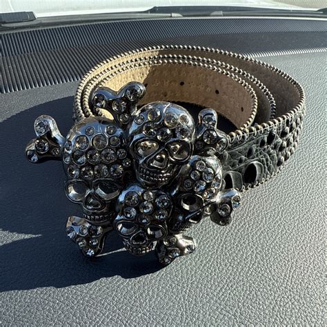 Bb Simon Swarovski Crystal Skulls Leather Belt 42 Xxl Gem