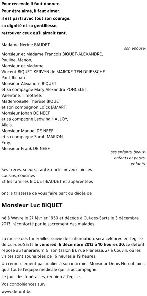 Avis De Décès De Luc Biquet Décédé Le 03122013 à Cul Des Sarts