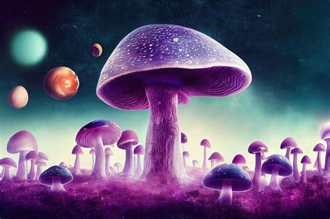 Premium Photo Fantastic Purple Mushrooms On An Island In Space