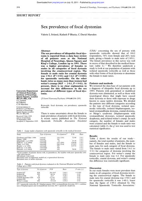Pdf Sex Prevalence Of Focal Dystonias