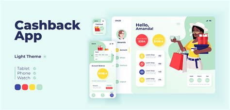 캐쉬백 앱 화면 벡터 적응형 디자인 템플릿 인터넷 쇼핑 플랫 문자와 환불 응용 프로그램 데이 모드 인터페이스 고객 프로필 스마트폰 태블릿 스마트 워치 만화 Ui 가공의