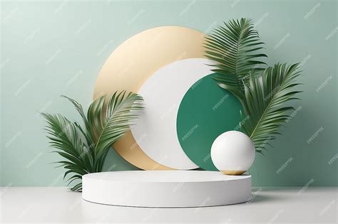 추상적인 색 둥근 모이 피데스탈 포디움 색 금색 빈 방과 녹색 잎 금색과 색 구형 3d 모양 렌더링 제품 표시 프레젠테이션