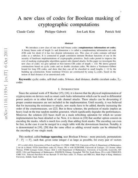 Pdf A New Class Of Codes For Boolean Masking Of Cryptographic