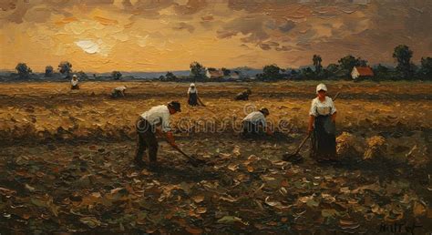 Harvesting The Fields Impressionist Painting Of Rural Life Stock