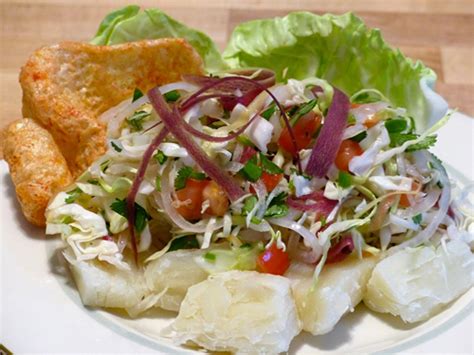 Nicaraguan Yuca And Cabbage Salad With Pork Cracklings Vigoron