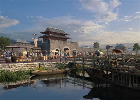 古代城市码头场景 写实古代集市模型 古代场景模型库 3ds Max Max 模型下载 Cg模型网