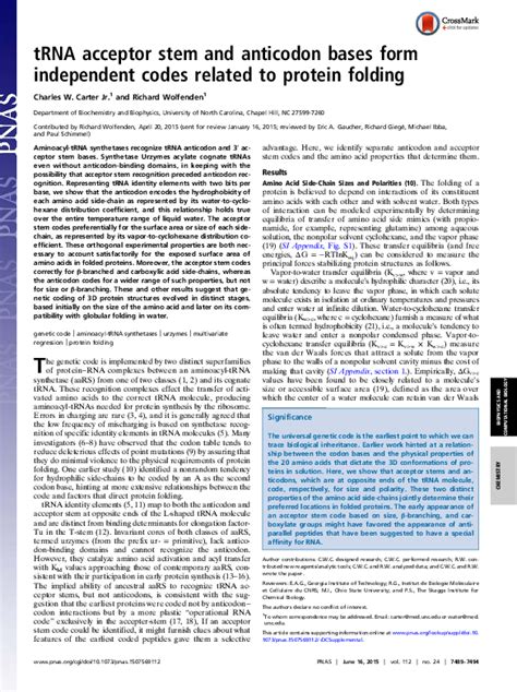 Pdf Trna Acceptor Stem And Anticodon Bases Form Independent Codes