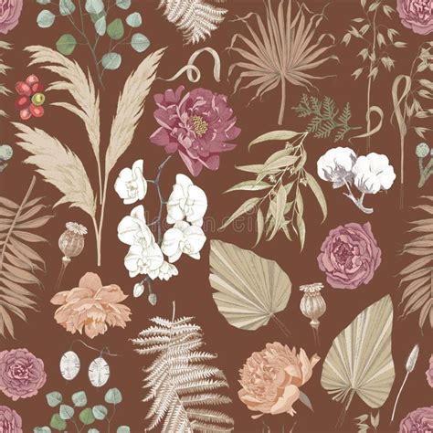 Seamless Pattern With Boho Dried Flowers Stock Vector Illustration Of