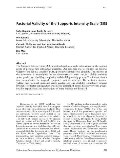 Pdf Factorial Validity Of The Supports Intensity Scale Sis