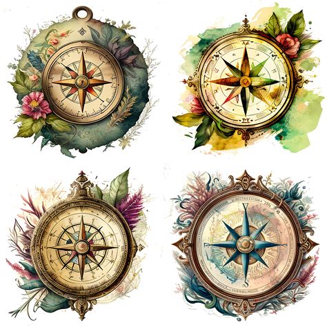 Set Of 4 Compass Rose Png Files Nautical Sublimation Print Watercolor Boating Clipart Clipart