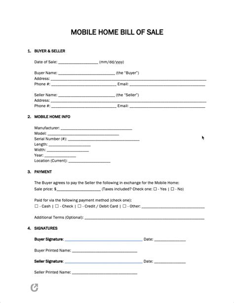 Free Printable Mobile Home Bill Of Sale Perkins